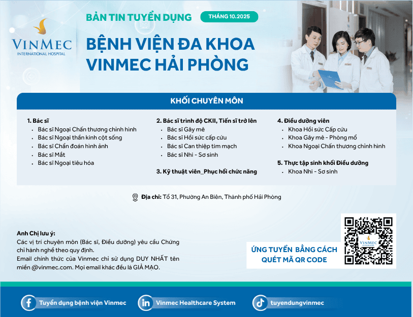 Bệnh viện Đa khoa Vinmec Hải Phòng tuyển dụng nhiều vị trí tháng 10/ ...
