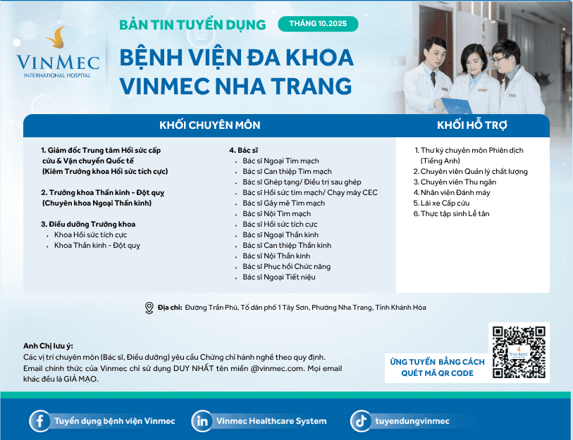 Bệnh viện Đa khoa Vinmec Nha Trang tuyển dụng nhiều vị trí tháng 10/2025 | Vinmec