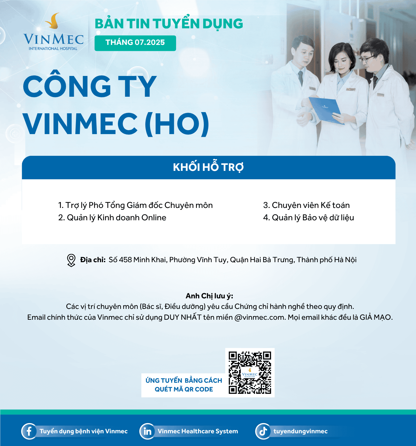 Công ty Vinmec (HO) tuyển dụng nhiều vị trí tháng 7/2025 | Vinmec