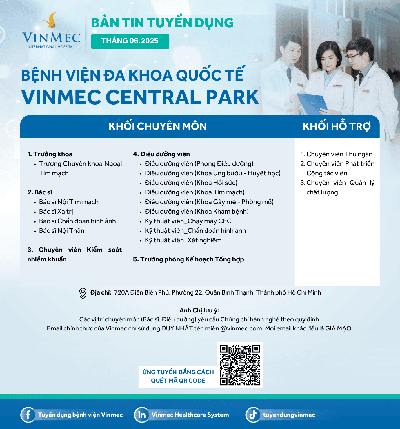 Bệnh viện Đa khoa Quốc tế Vinmec Central Park tuyển dụng nhiều vị trí tháng 6/2025 | Vinmec