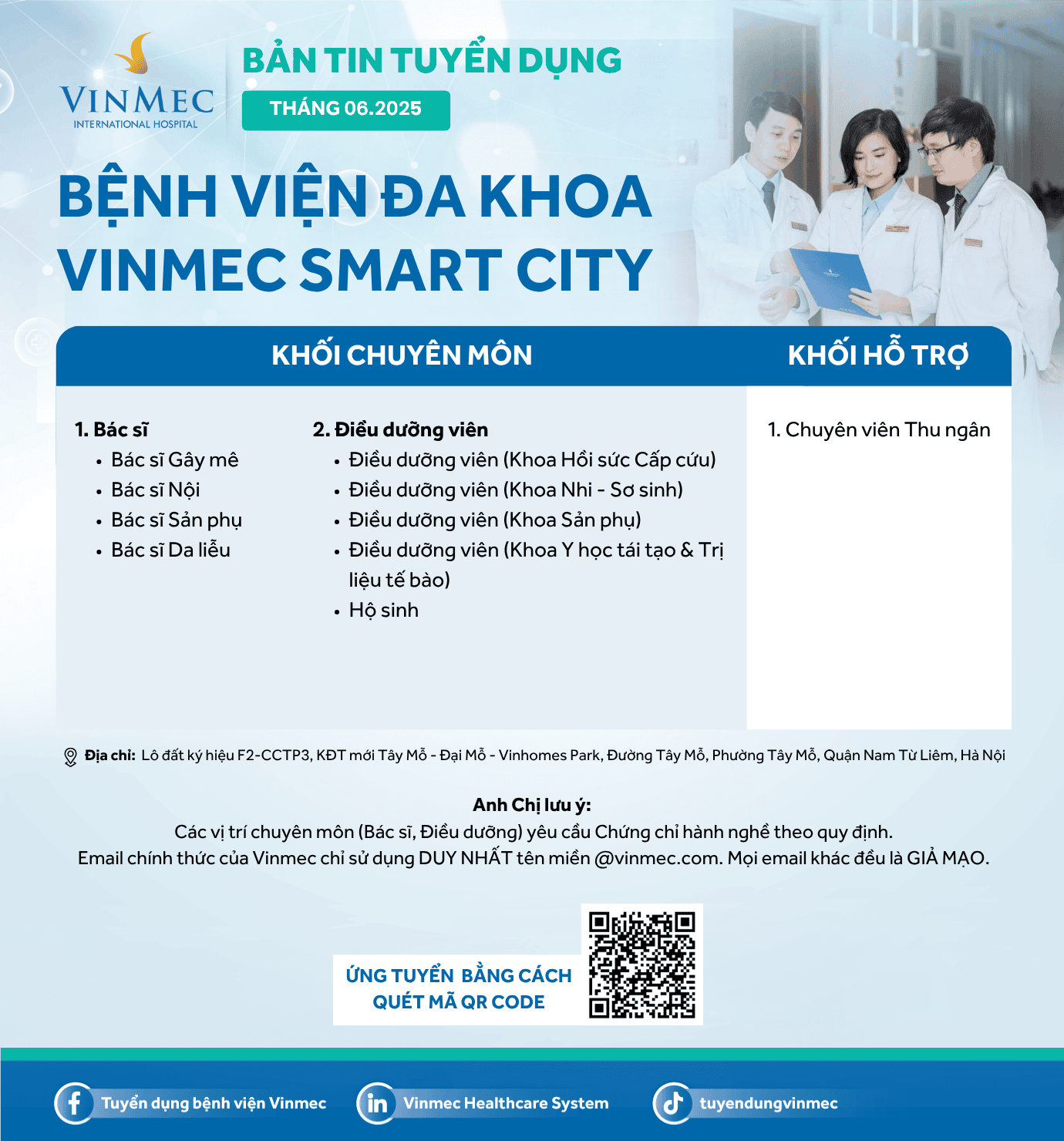 Bệnh viện Đa khoa Vinmec Smart City tuyển dụng nhiều vị trí tháng 6/2025 | Vinmec