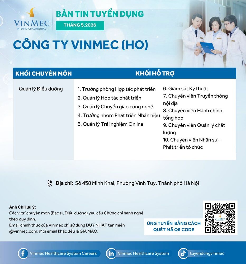 Công ty Vinmec (HO) tuyển dụng nhiều vị trí tháng 5/2026 | Vinmec